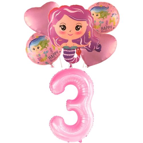 Set 6 baloane aniversare 3 ani, folie figurina Sirena, 2 rotunde Happy ...