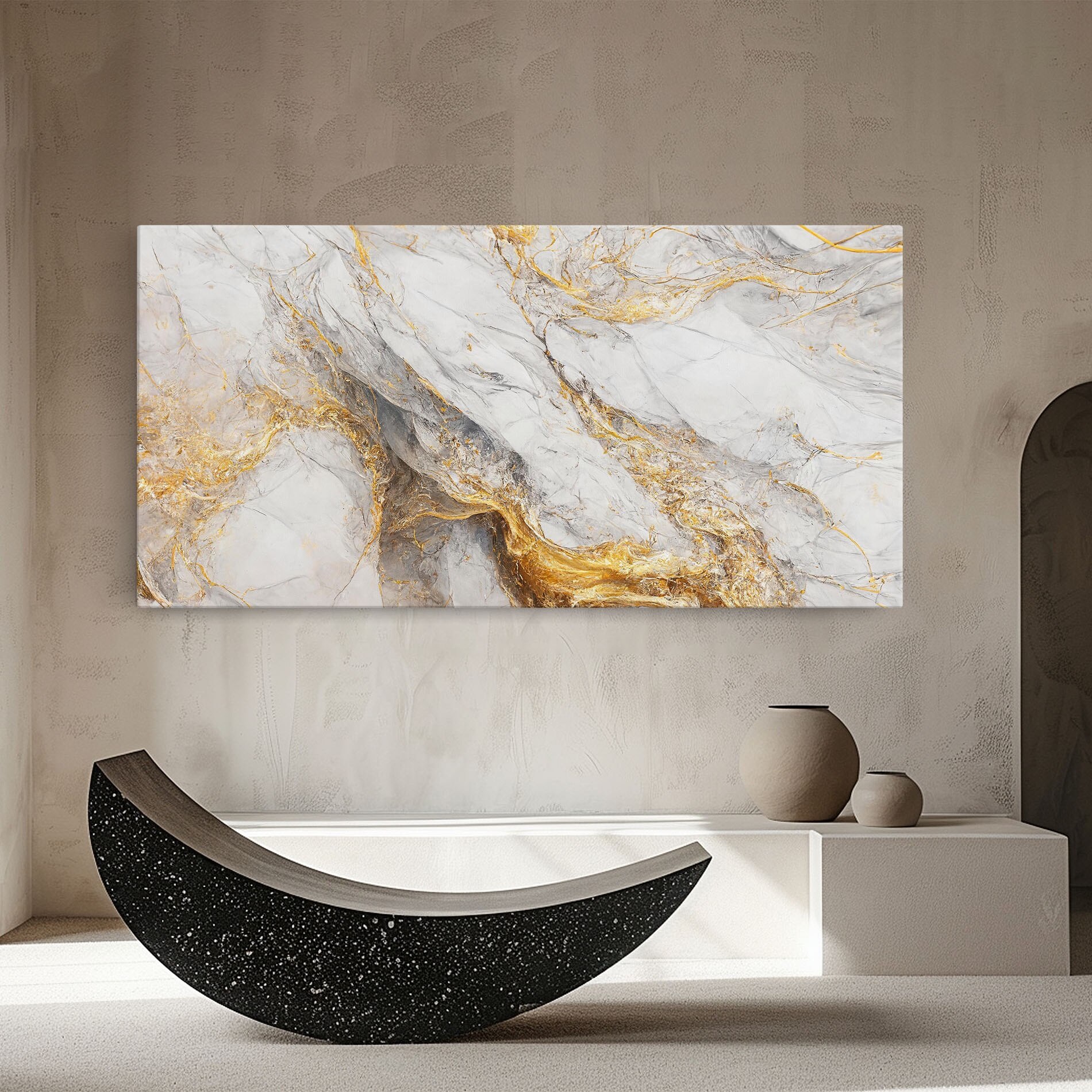 Tablou Canvas, 60x120 cm, Dormitor si Living, Abstracte, Marble, Gold ...