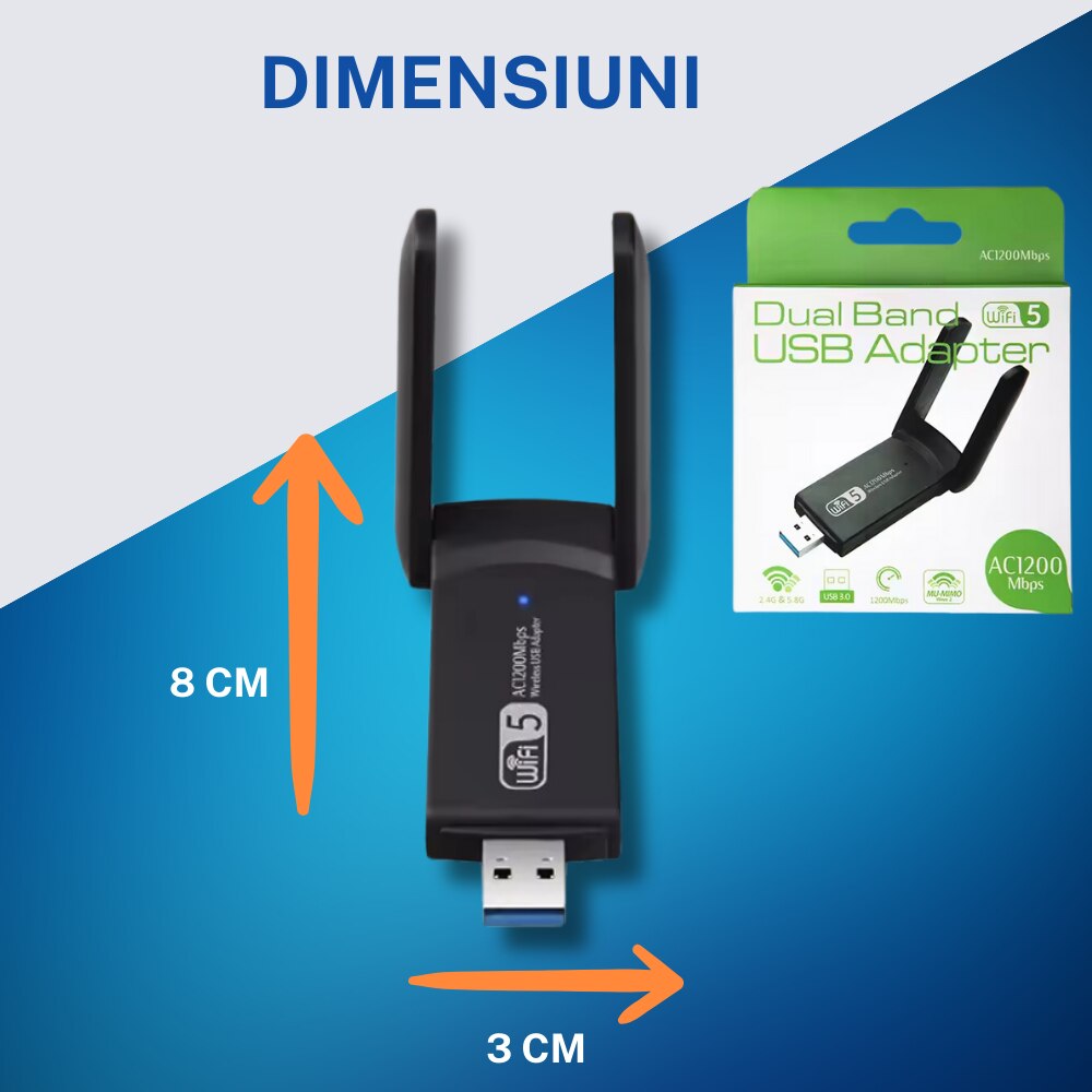 Adaptor Wireless cu 2 Antene, PRINTERY, 1300Mbps, USB 3.0, Instalare ...