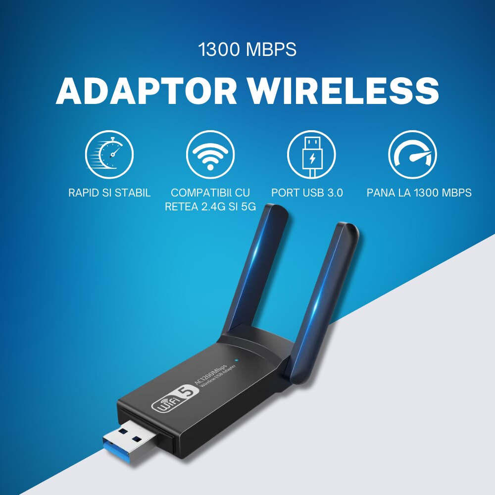 Adaptor Wireless cu 2 Antene, PRINTERY, 1300Mbps, USB 3.0, Instalare ...