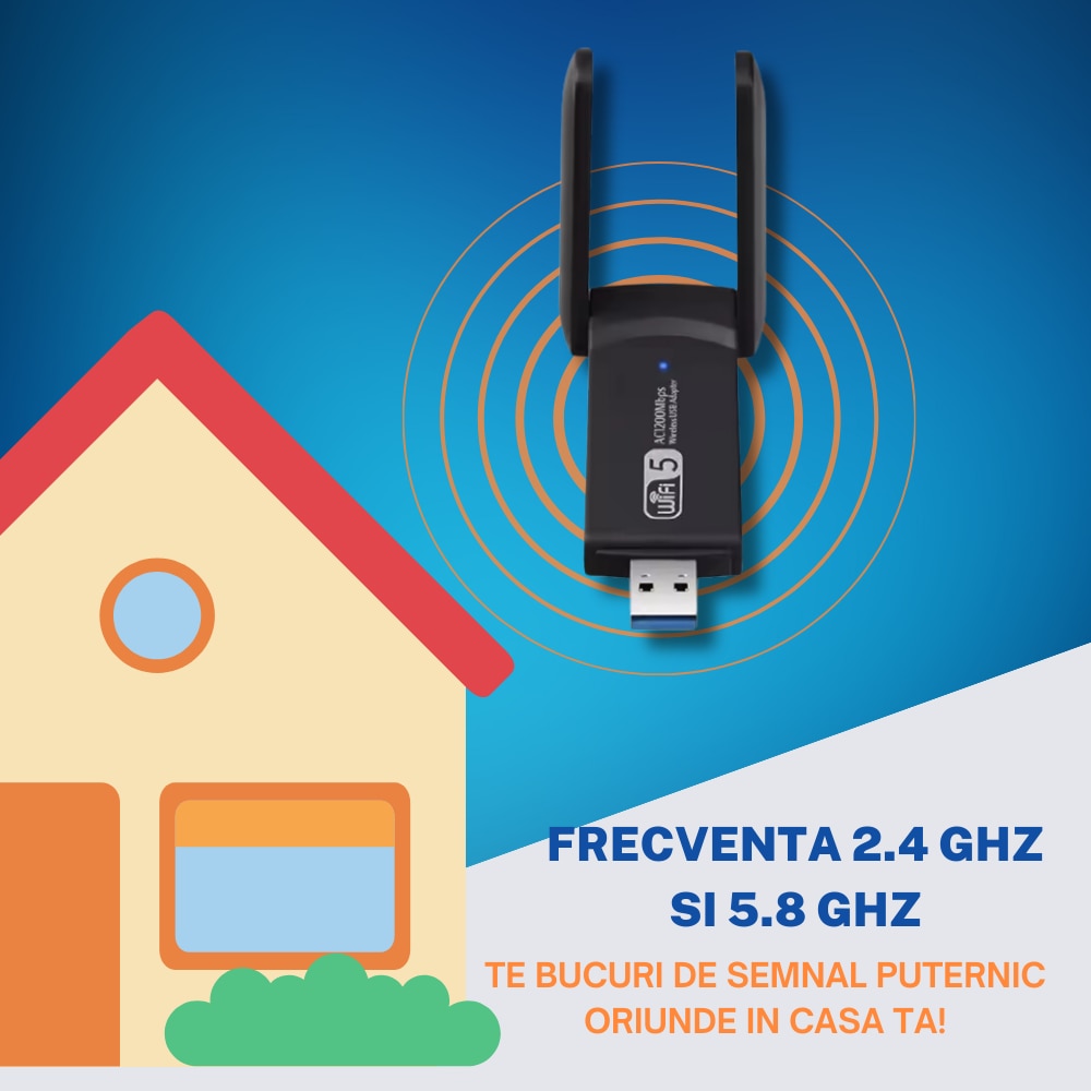 Adaptor Wireless cu 2 Antene, PRINTERY, 1300Mbps, USB 3.0, Instalare ...