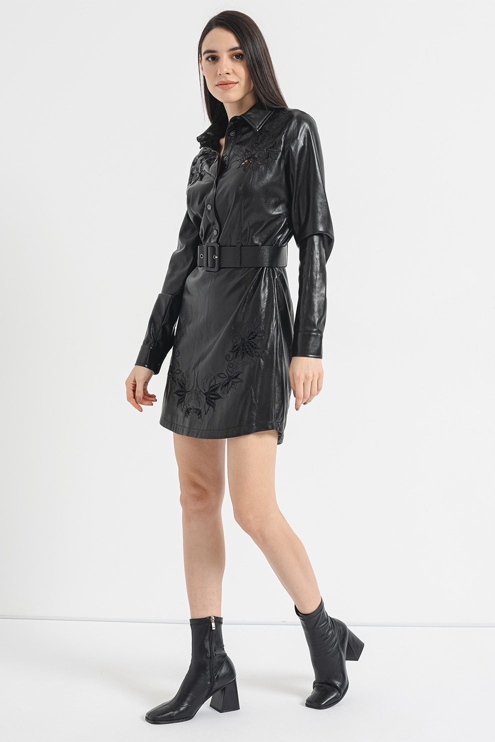 Guess, Rochie din piele ecologica cu broderie, Negru, S - eMAG.ro