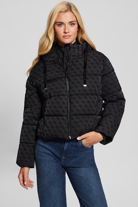 GUESS, Geaca bufanta cu gluga si imprimeu logo, Negru, M - eMAG.ro