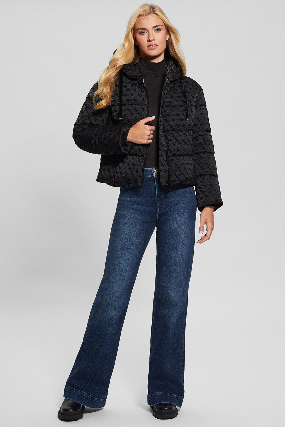 GUESS, Geaca bufanta cu gluga si imprimeu logo, Negru, M - eMAG.ro