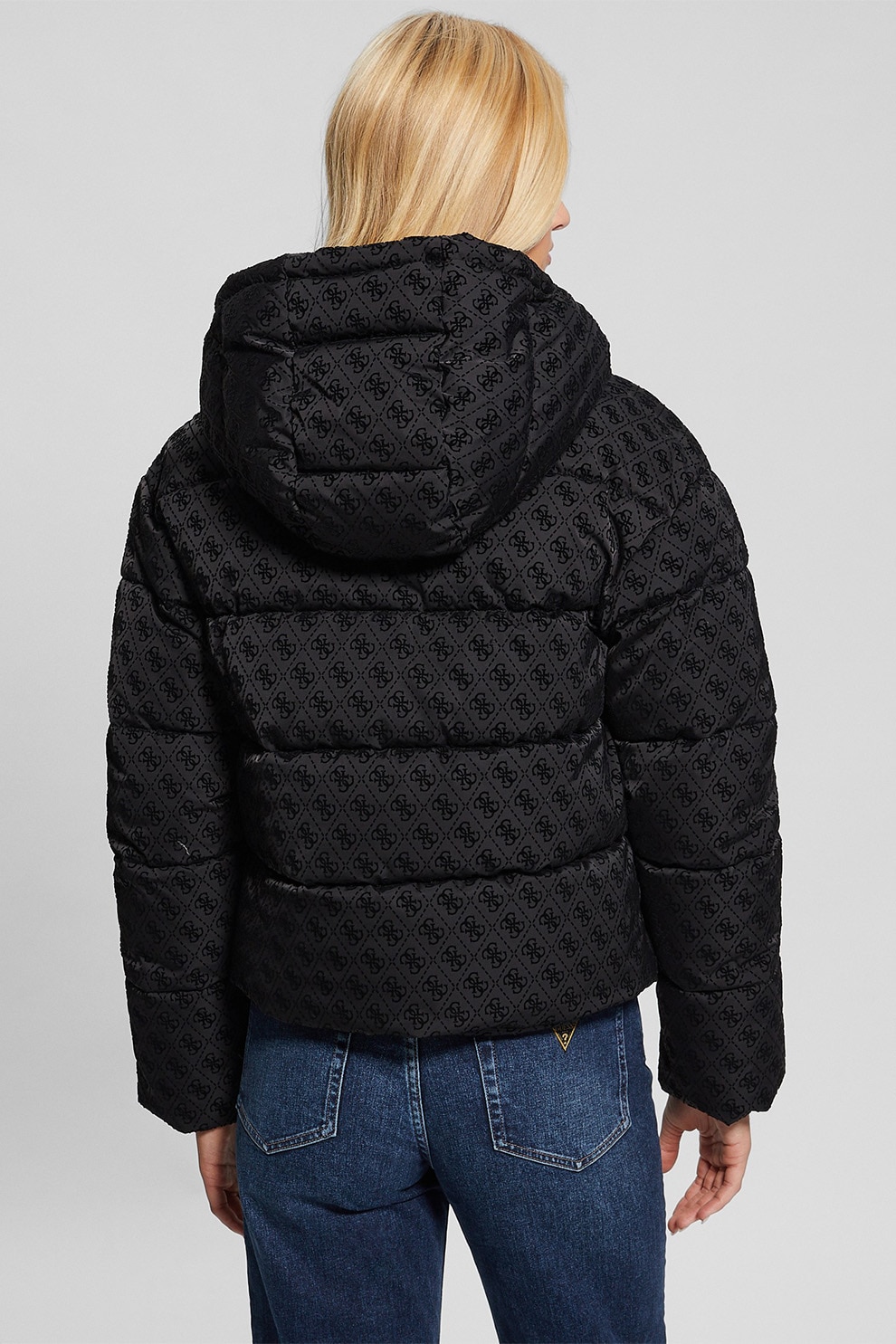 GUESS, Geaca bufanta cu gluga si imprimeu logo, Negru, M - eMAG.ro