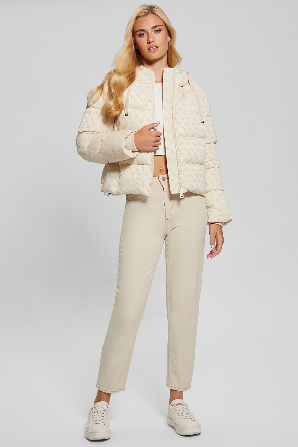 GUESS, Geaca bufanta cu gluga si imprimeu logo, Crem, S - eMAG.ro