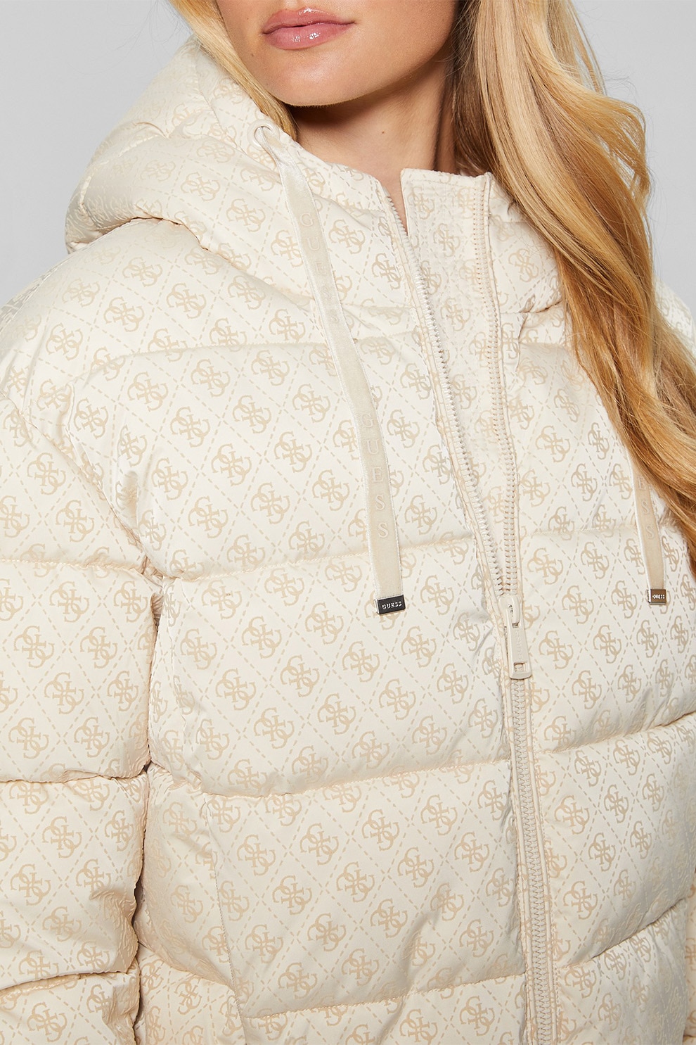 GUESS, Geaca bufanta cu gluga si imprimeu logo, Crem, S - eMAG.ro