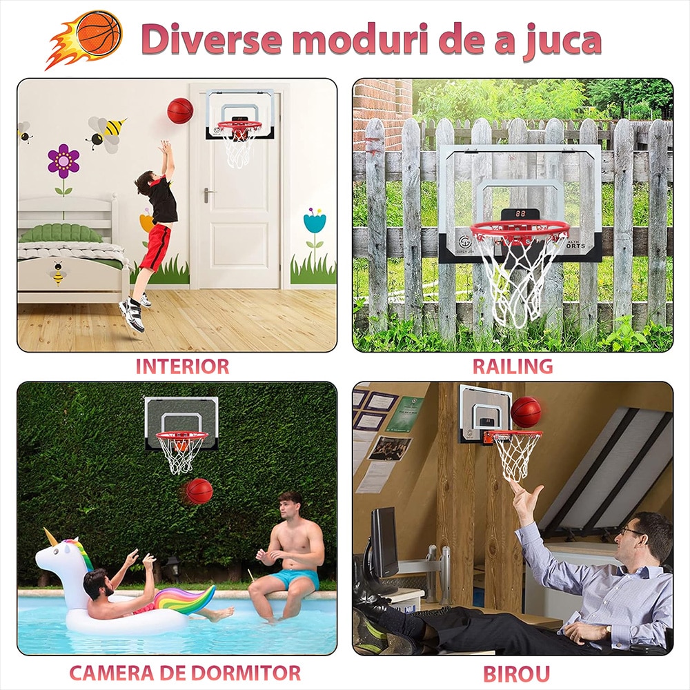 Cos de baschet copii,3 mingi incluse, Tablou de bord electronic, inel ...