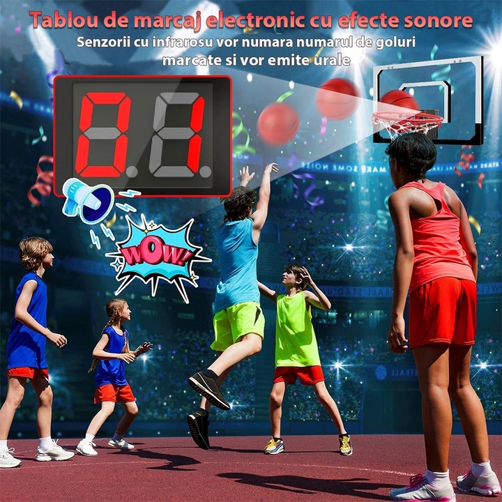 Cos de baschet copii,3 mingi incluse, Tablou de bord electronic, inel ...