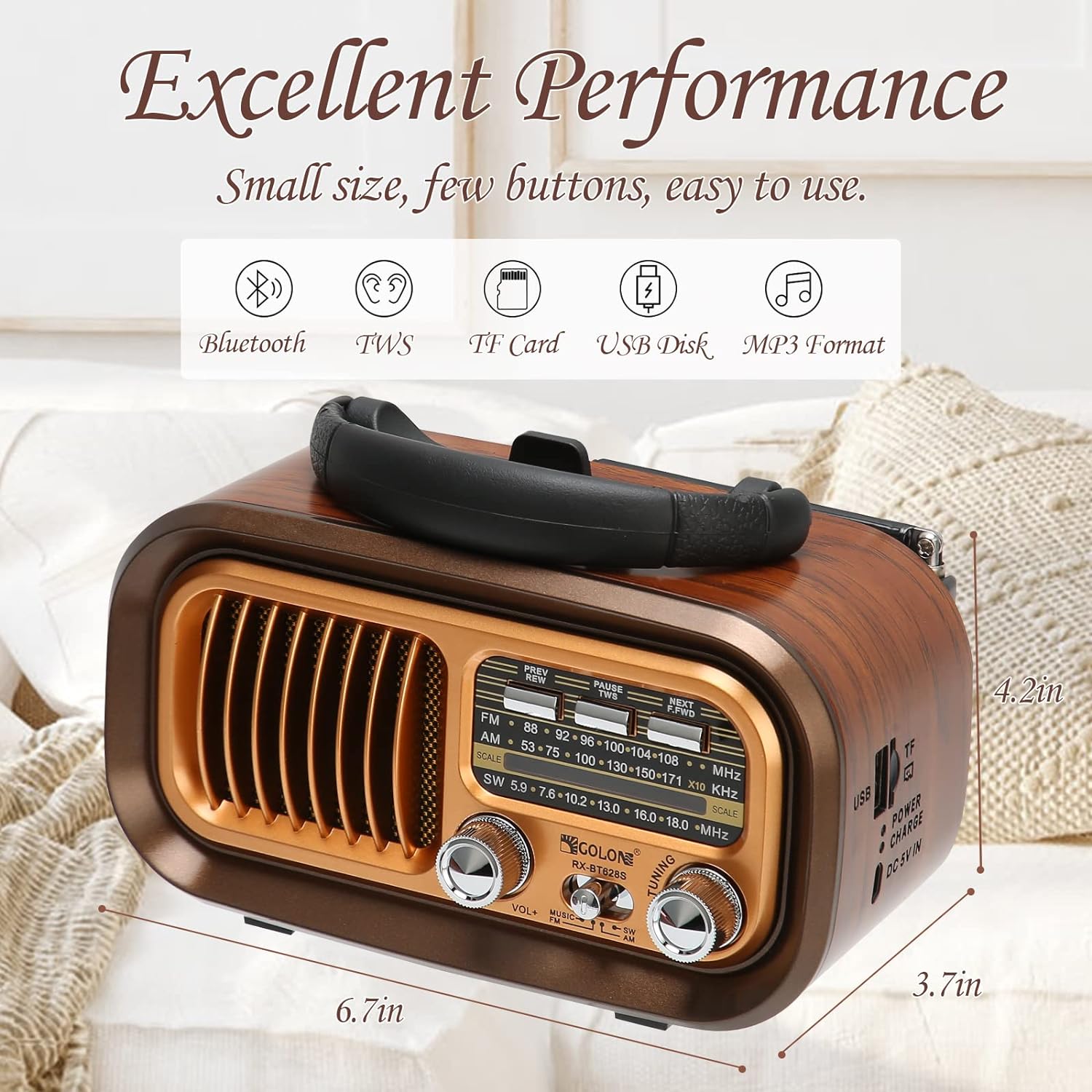 Radio portabil solar, Excitat®, Bluetooth, Retro, Suport FM, TF ...