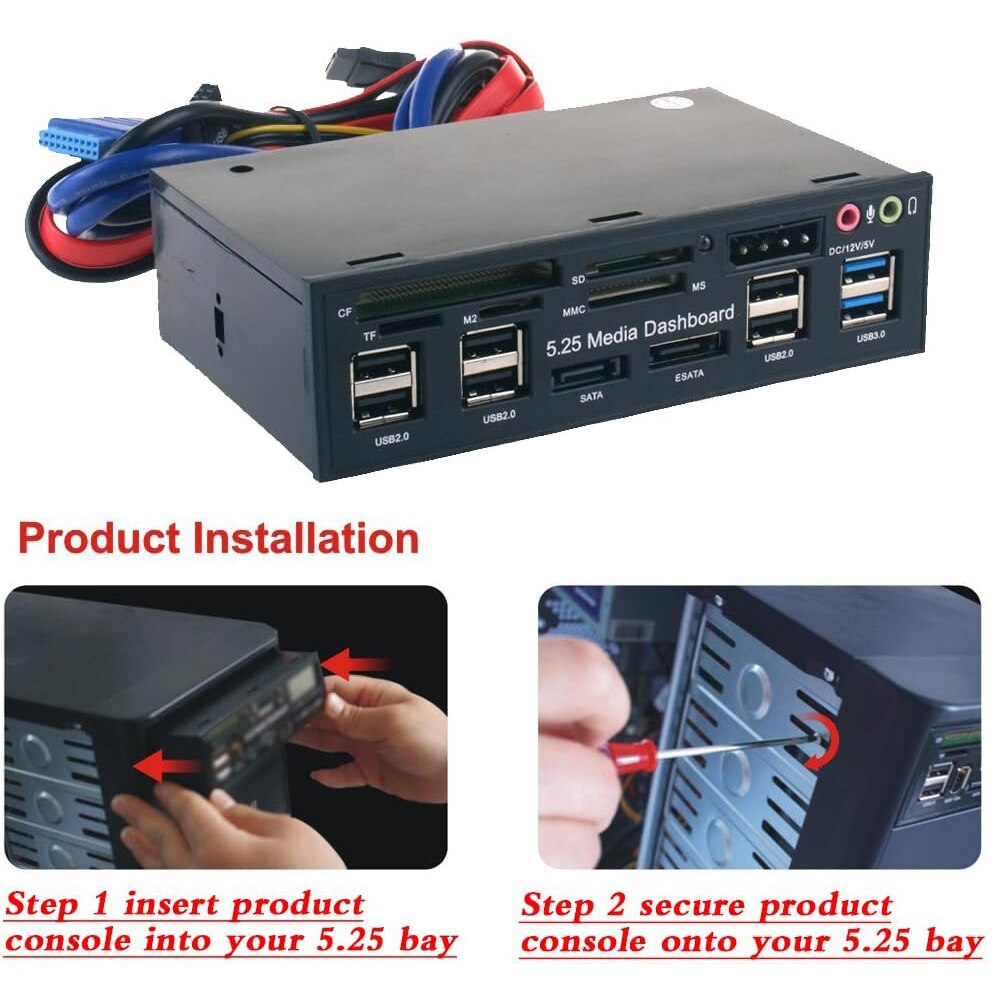 Media front panel 5.2", suporta carduri M2/TF/SD/MMC/MS/CF, 8x USB, Latauar - eMAG.ro