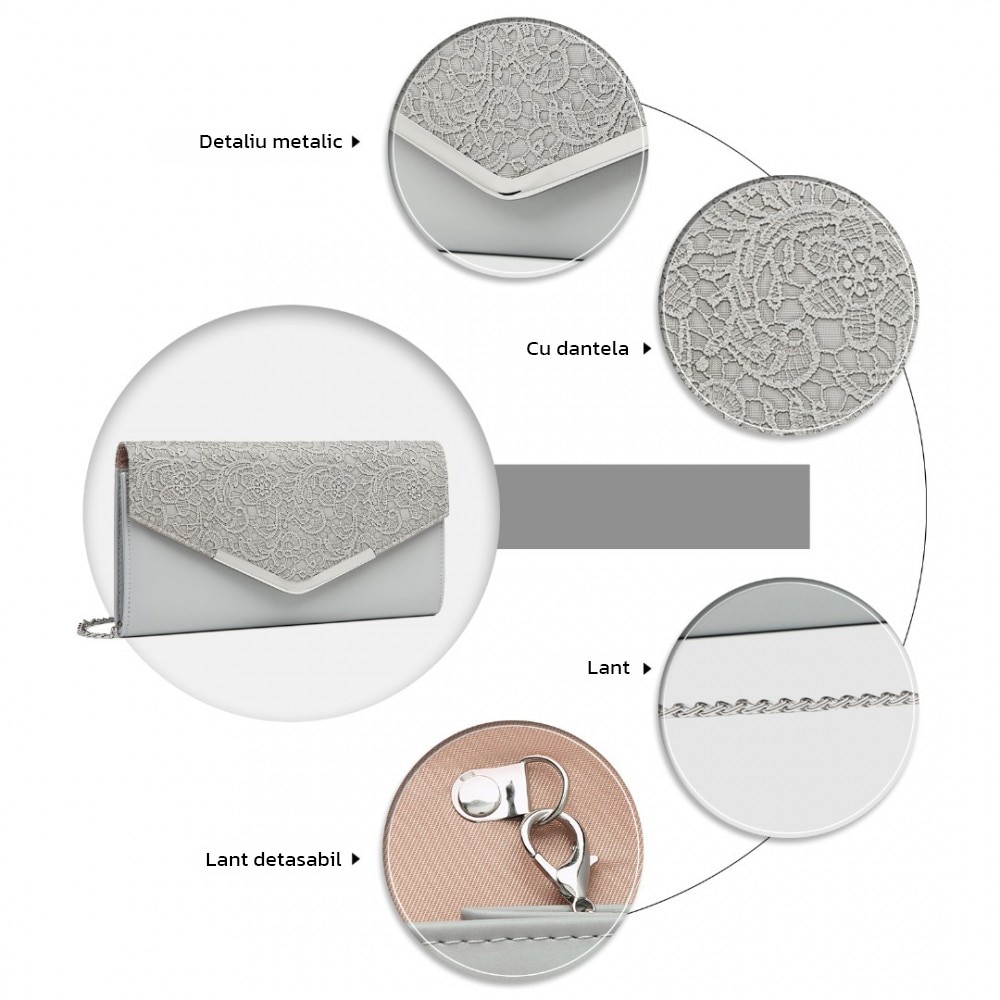 Geanta clutch de seara, eleganta datela, Miss Lulu LP2312GY Gri - eMAG.ro