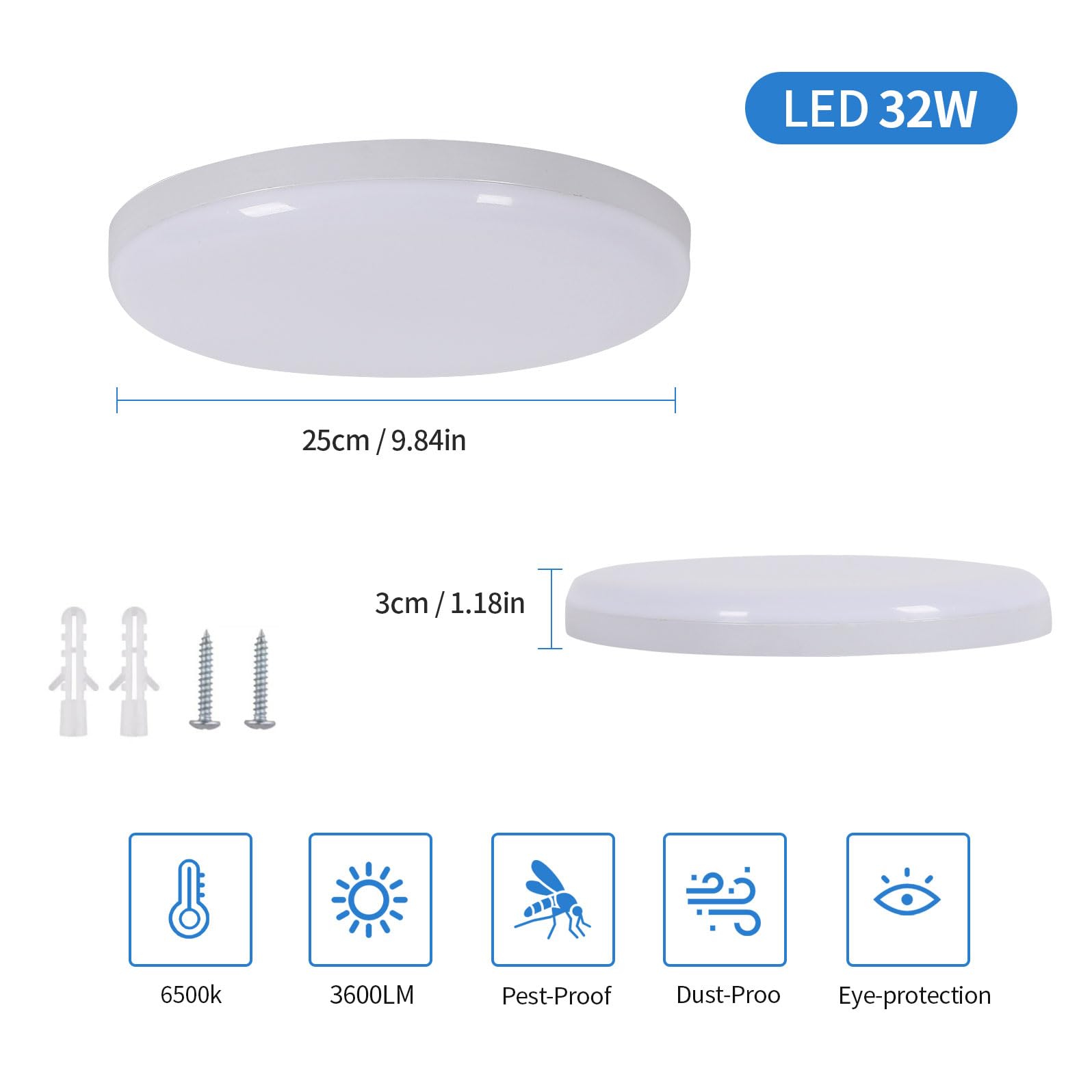 Plafoniera Cu Led, Goeco, 25 cm Rotund, 3000k Cald, 32w 220v, Alb - eMAG.ro