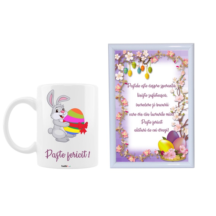 Set personalizat pentru Paste, cana ceramica alba cu imagine iepuras si ...