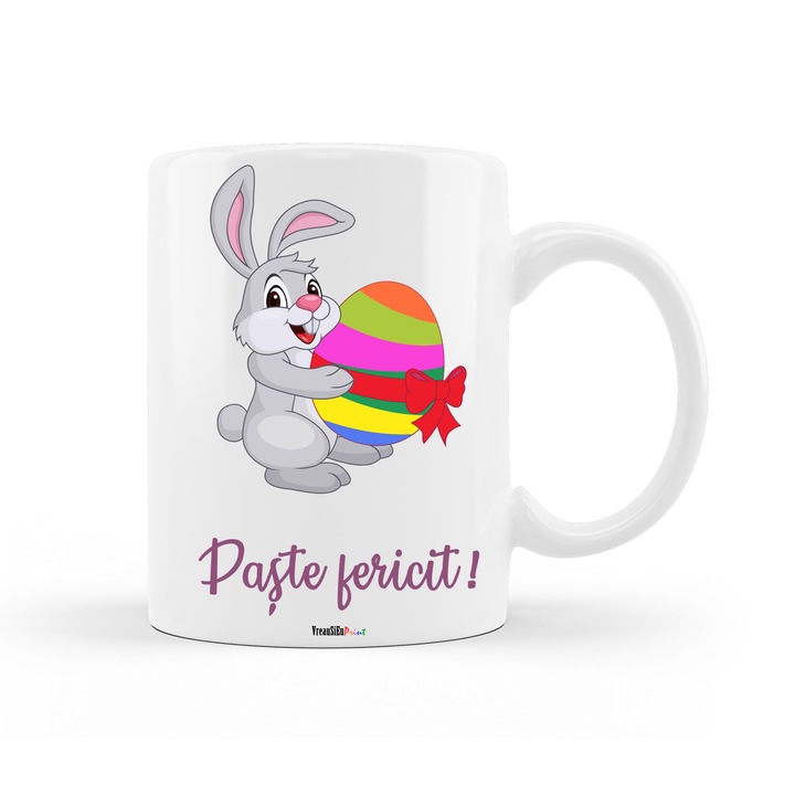 Set personalizat pentru Paste, cana ceramica alba cu imagine iepuras si ...