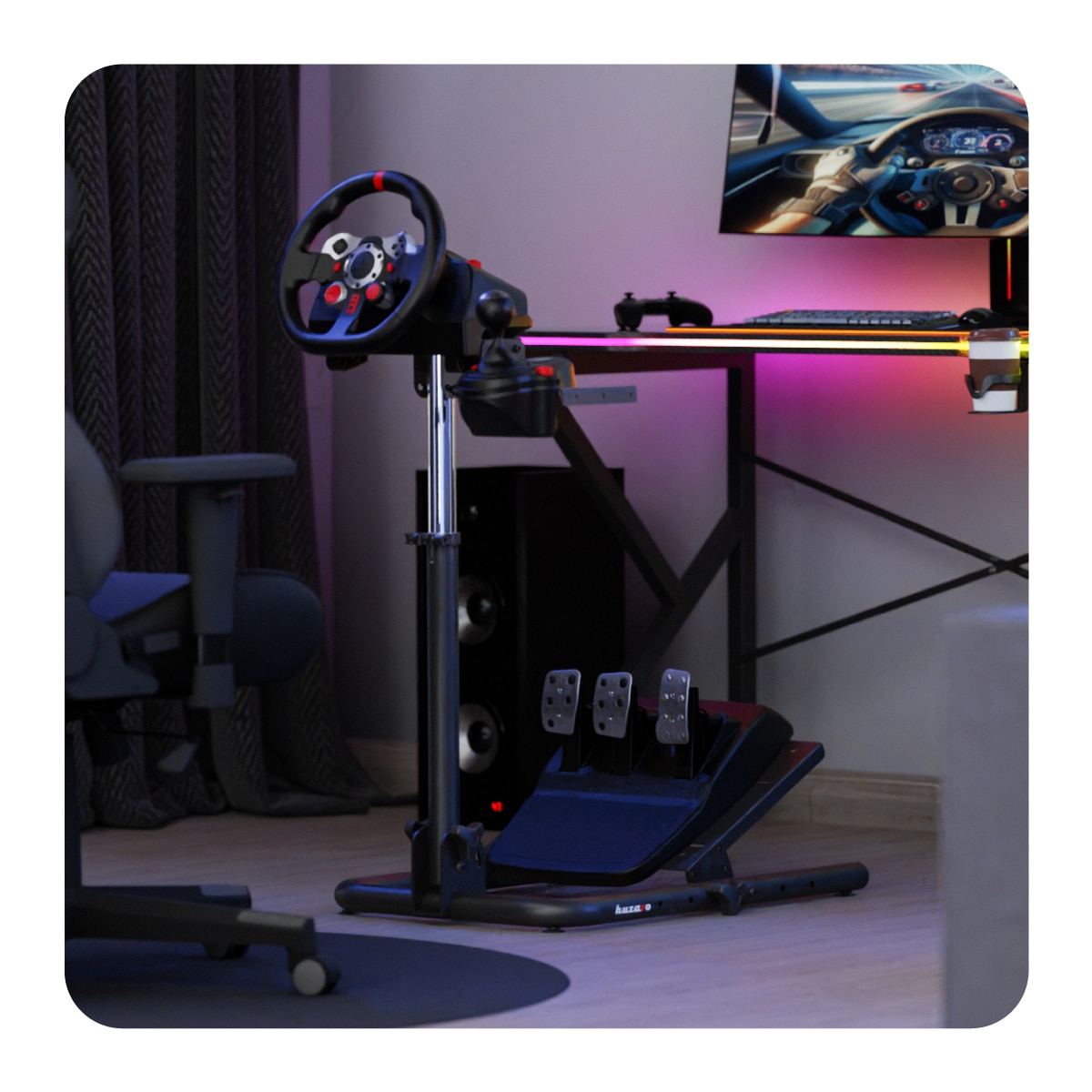 Stand simulator de curse, suport pentru volan, suport de pedale, Huzaro ...