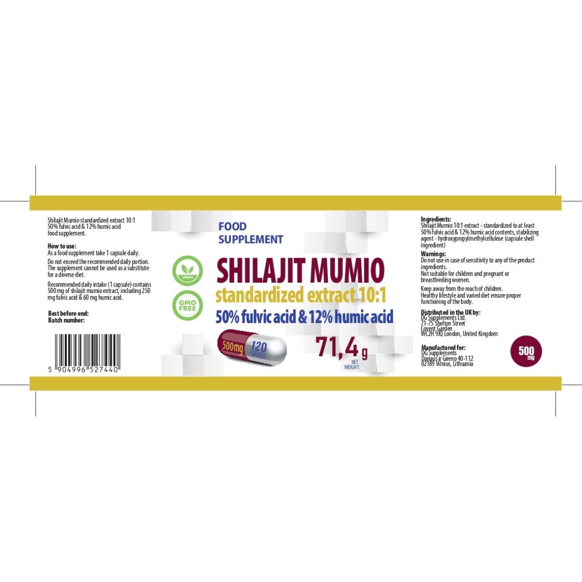 Shilajit Mumio Extract 500mg, 120 Vegan Capsule, Echivalent 5000mg of ...