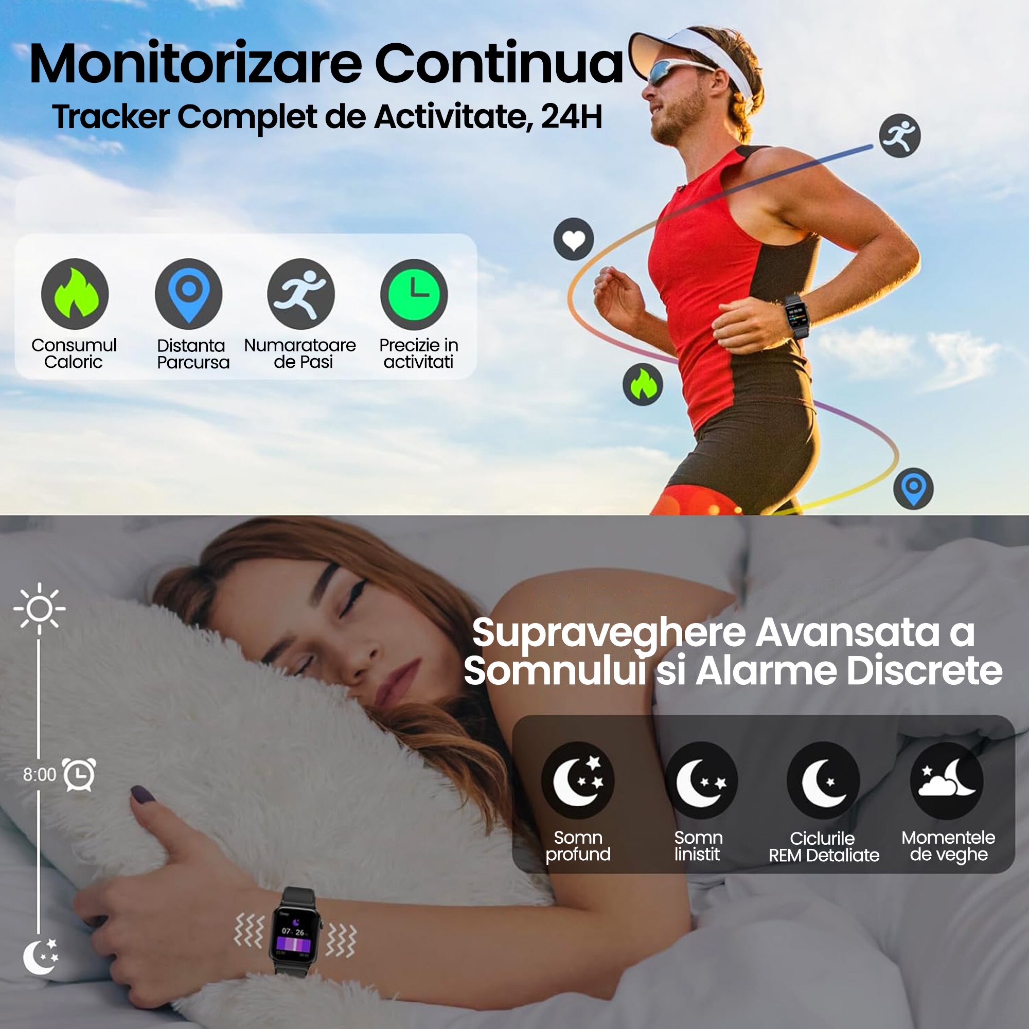 Ceas smartwatch, Inteligent cu Multiple functii fitness, Monitorizare ...
