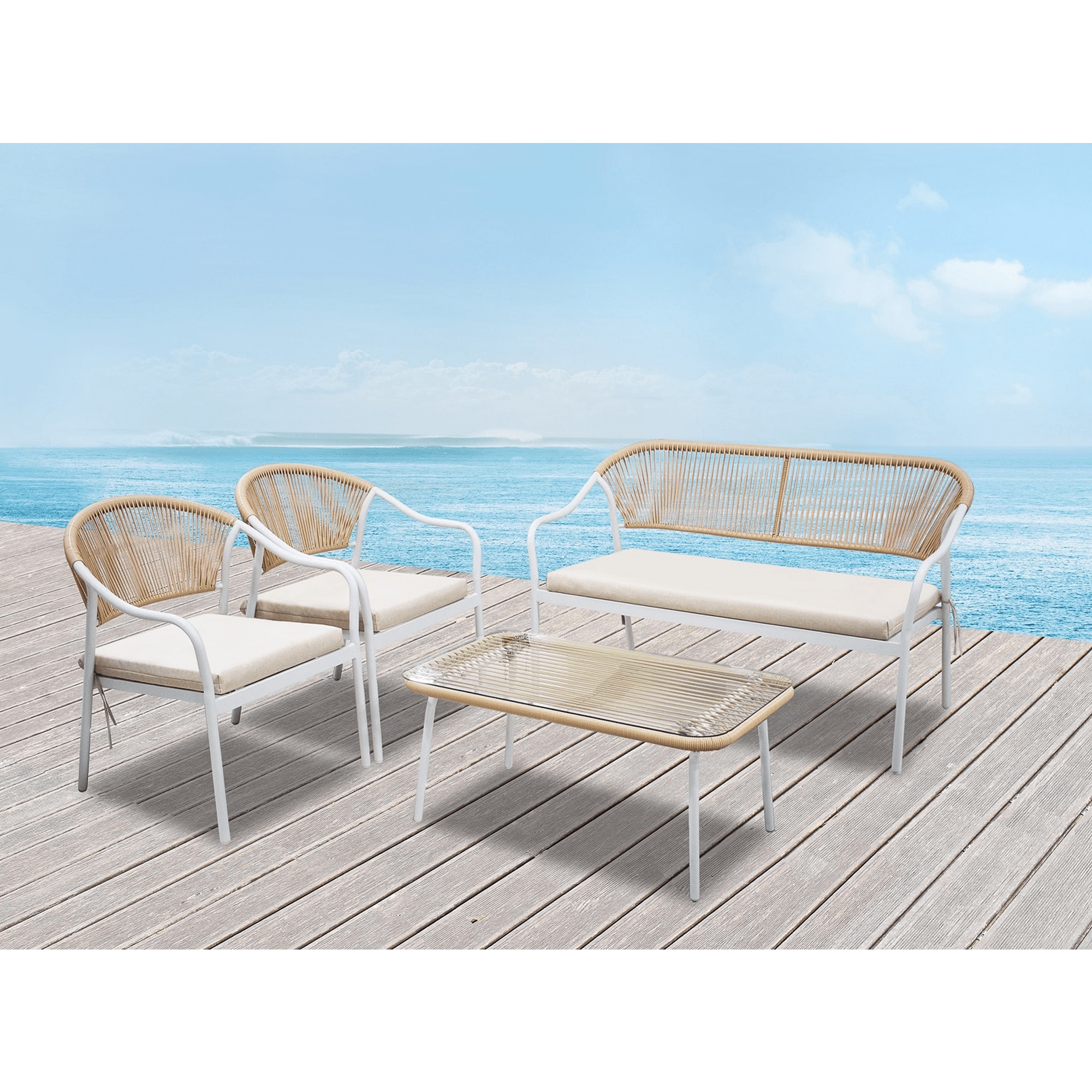 Set de mobilier de gradina, din ratan, 4 piese, alb, bej, otel, ratan ...
