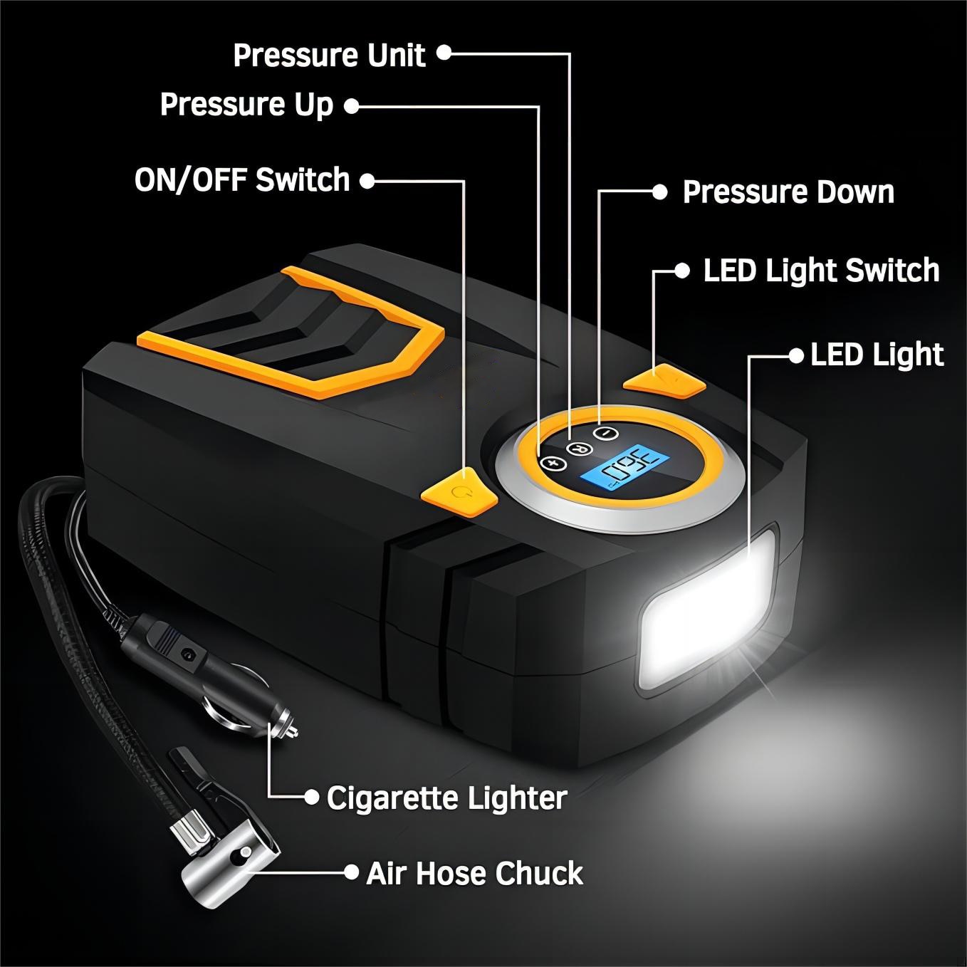 Compresor auto digital 3 in 1, lumina LED, 12V, maxim 10 bar / 150 PSI ...