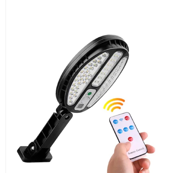 Lampa stradala cu incarcare solara, 100 x LED SMD, senzor de miscare, buton ON/OFF, telecomanda ...