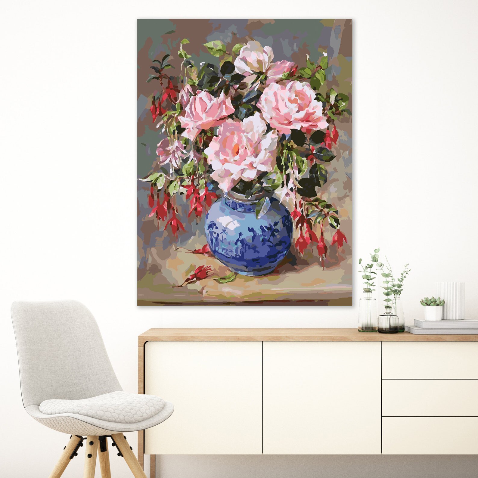 Set pictura pe numere Trandafiri roz in vaza 4389, panza bumbac pe rama ...