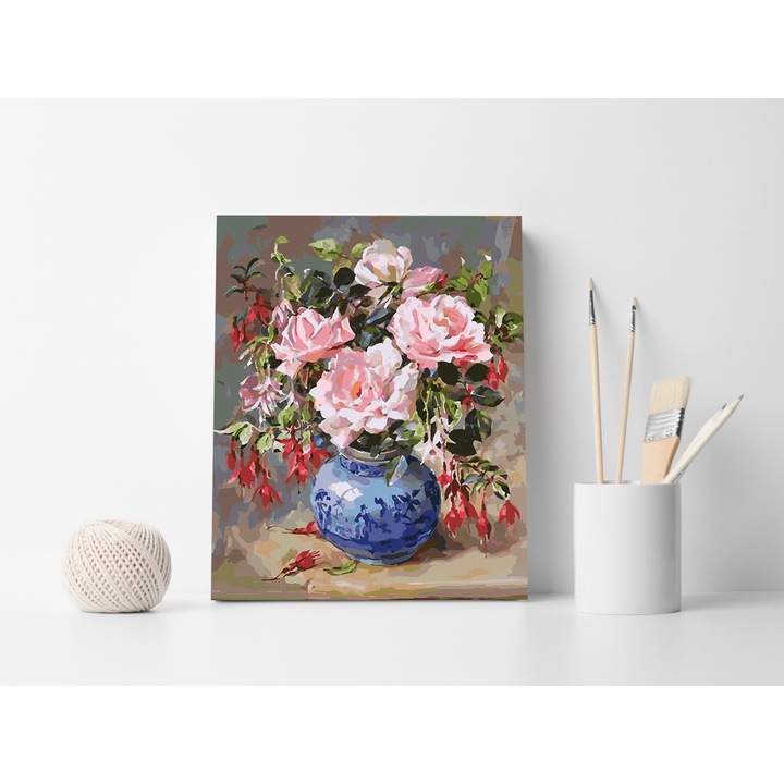 Set pictura pe numere Trandafiri roz in vaza 4389, panza bumbac pe rama ...