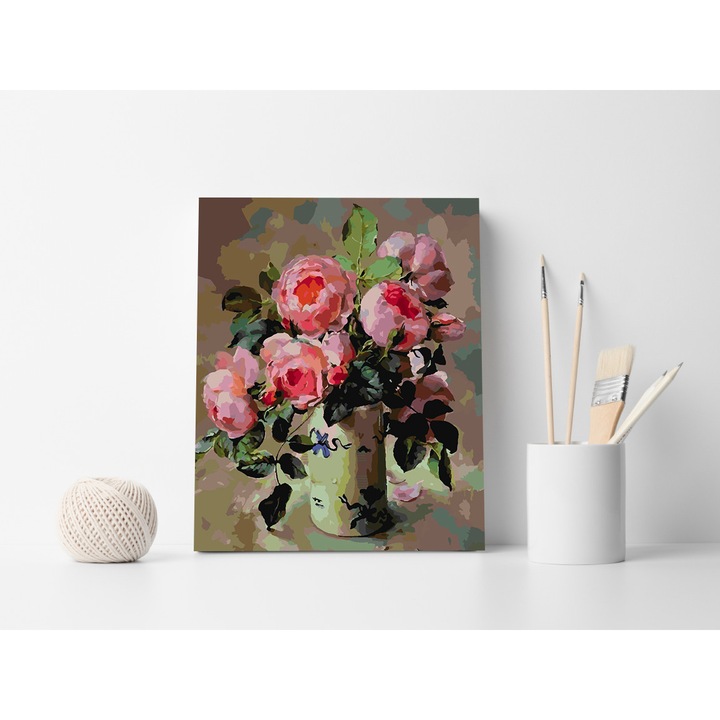 Set pictura pe numere Bujori roz in vaza 4391, panza bumbac pe rama ...