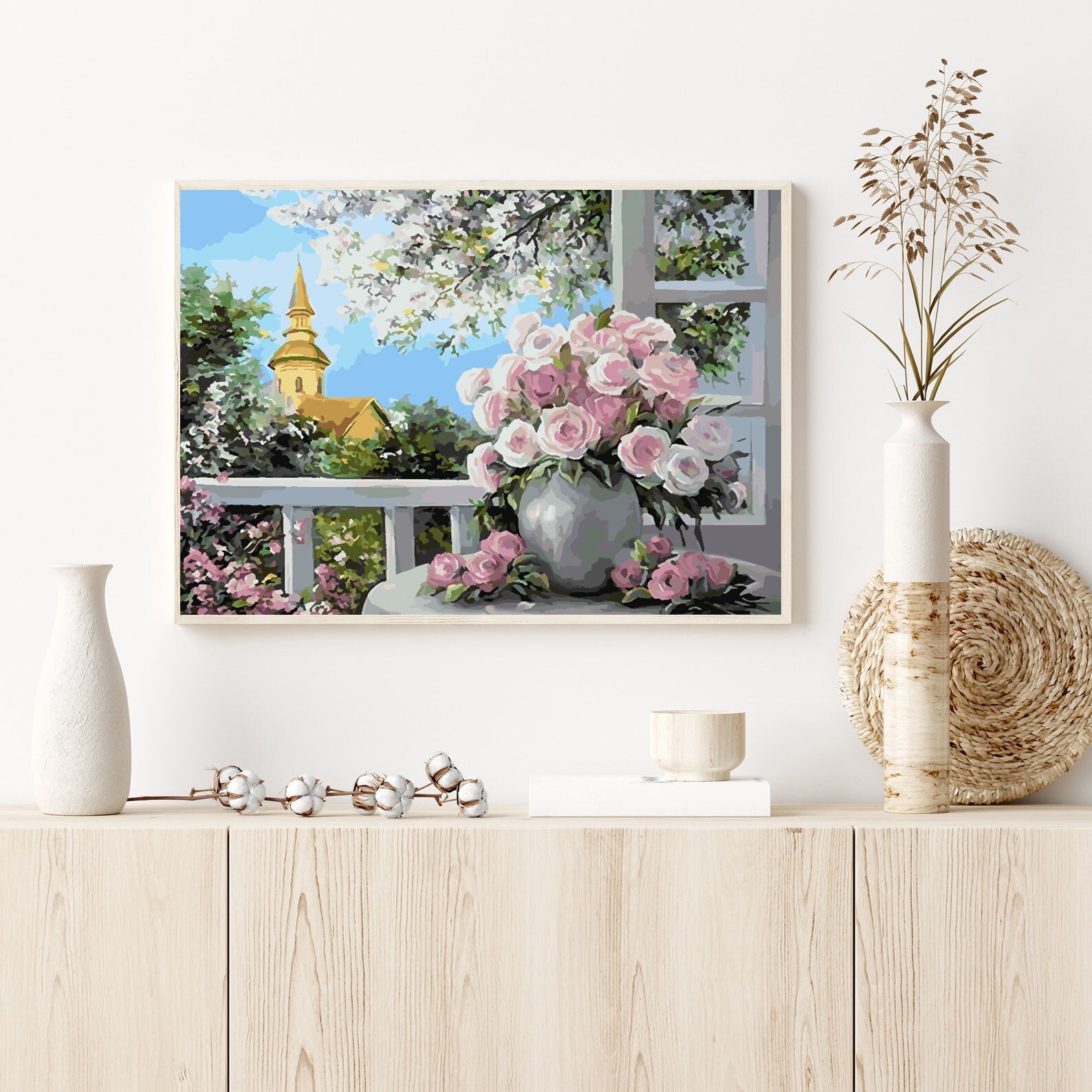 Set pictura pe numere Trandafiri roz 4397, panza bumbac pe rama lemn ...