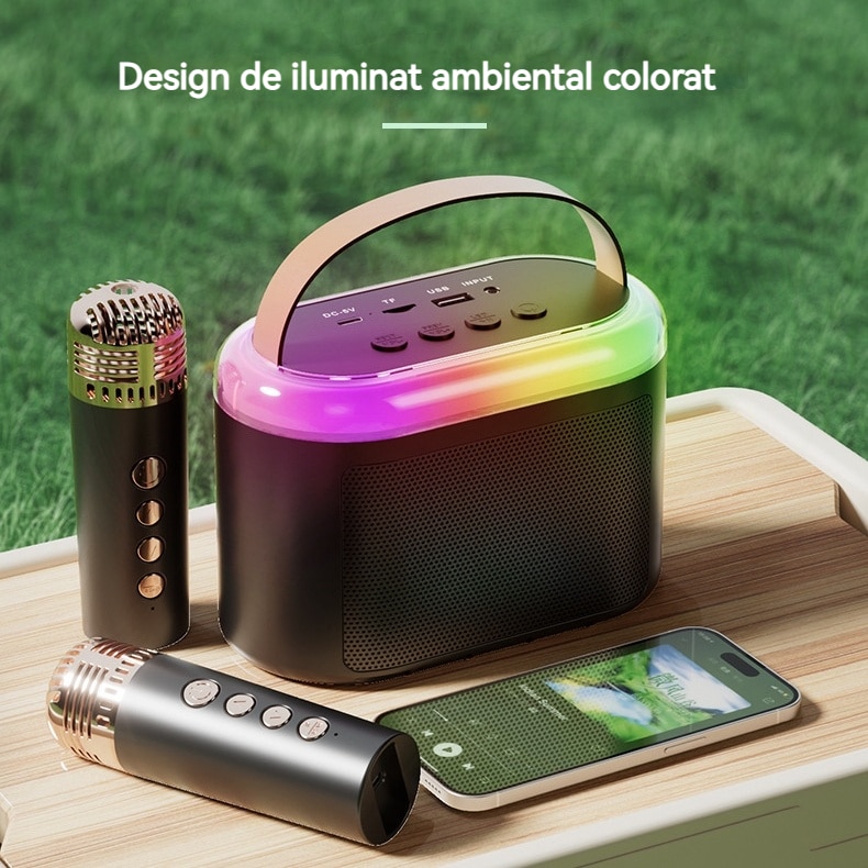 Set microfoane karaoke, portabil, efecte vocale, RGB Color Light ...