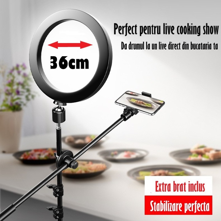 Lampa Circulara Ring Light REVOSE™ cu Extra Brat, Diametru 36cm/14inch LED, Lumina Naturala/Rece ...