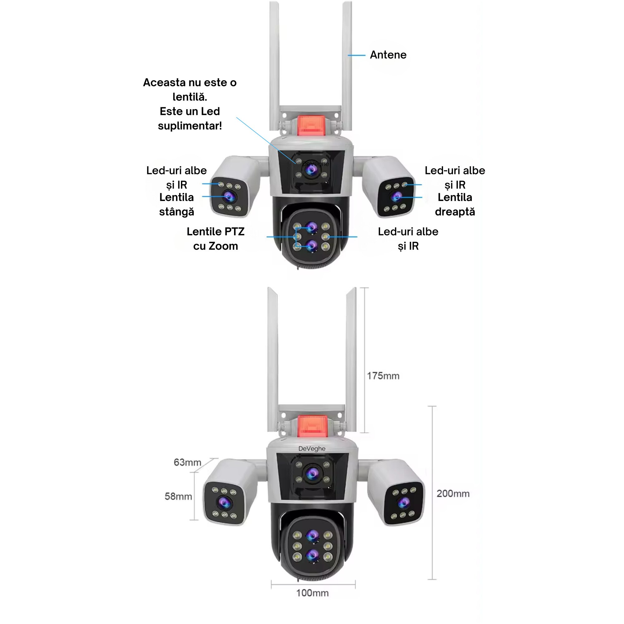 Camera de supraveghere tripla WiFi DeVeghe 16 MP, Full HD, cu brate ...