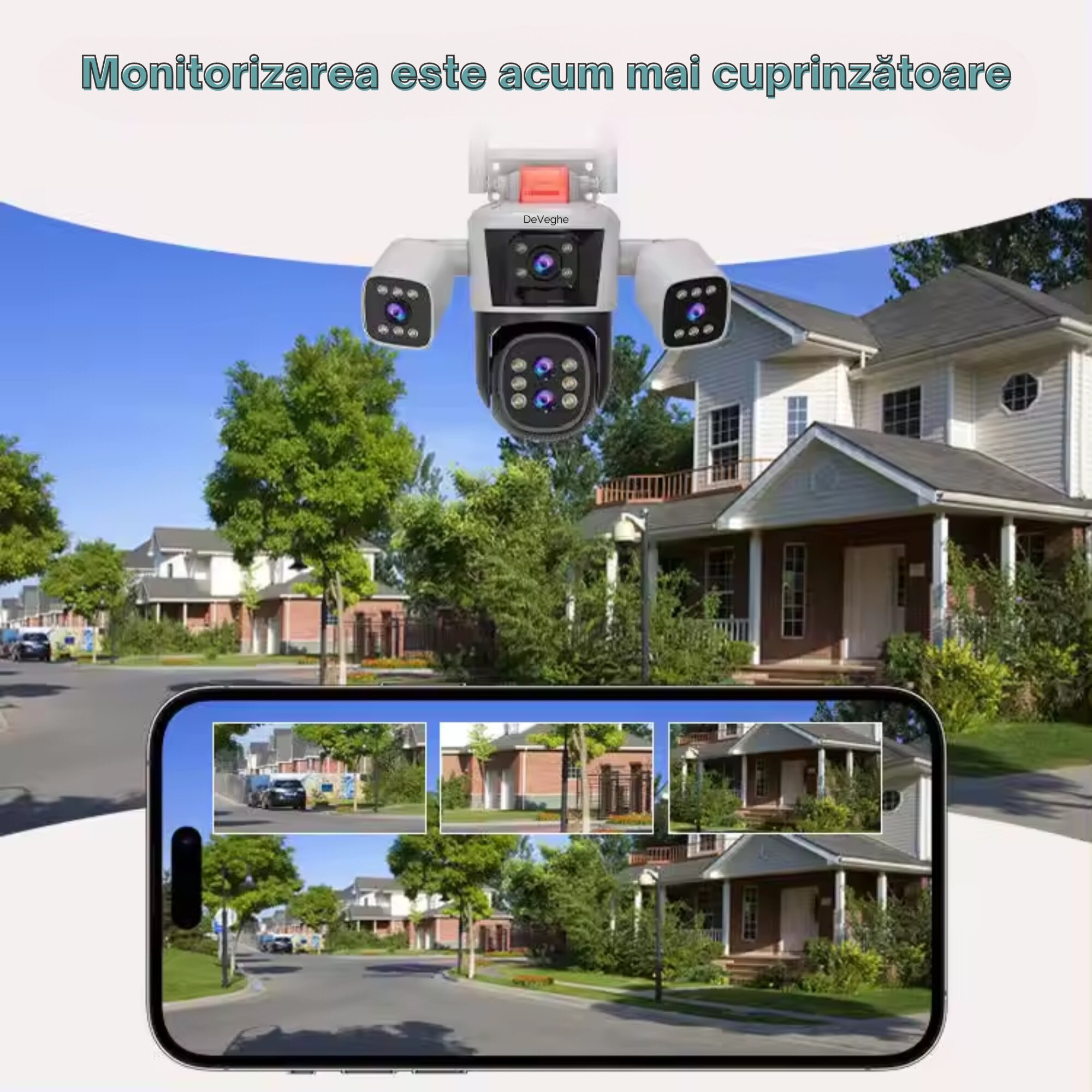 Camera de supraveghere tripla WiFi DeVeghe 16 MP, Full HD, cu brate ...