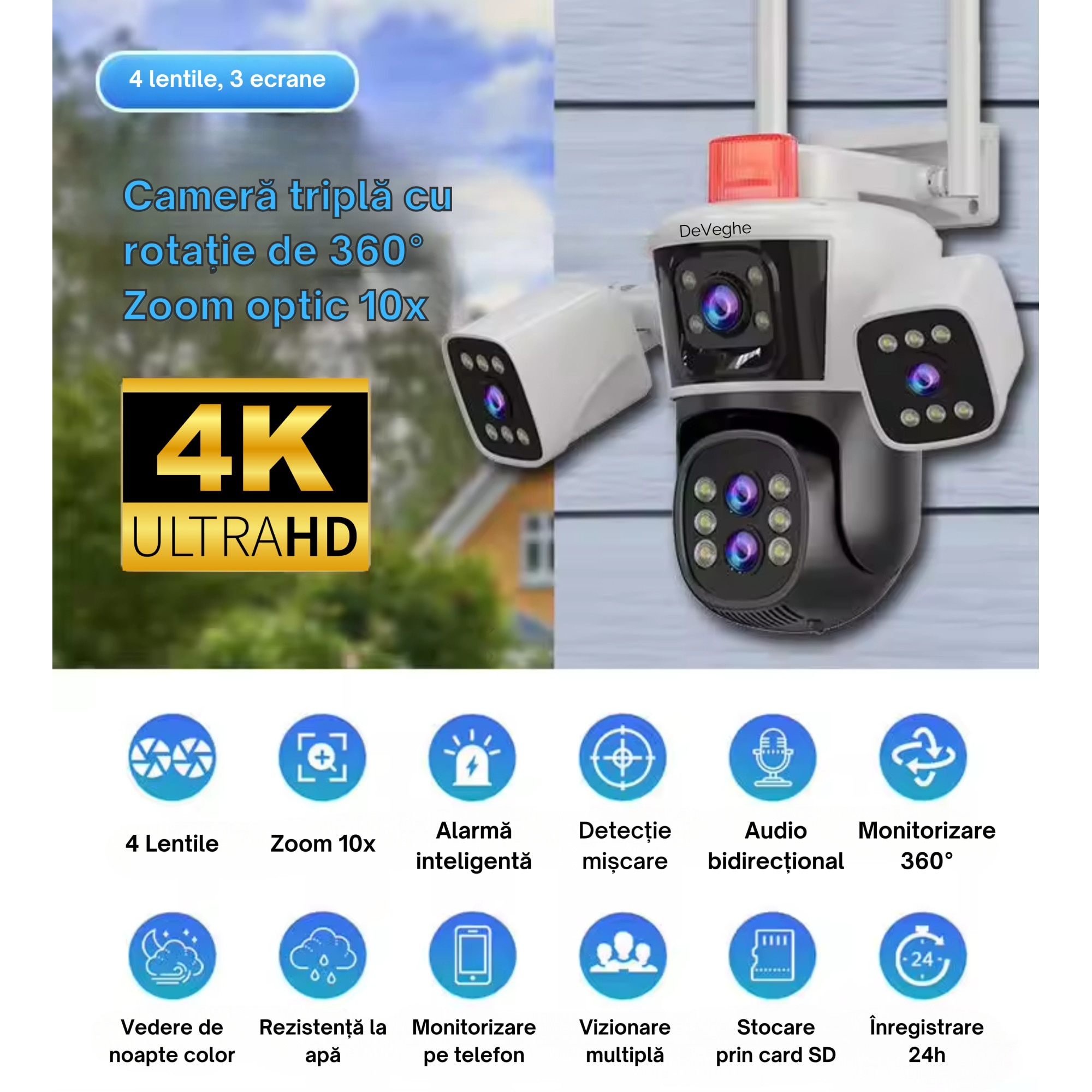 Camera de supraveghere tripla WiFi DeVeghe 16 MP, Full HD, cu brate ...