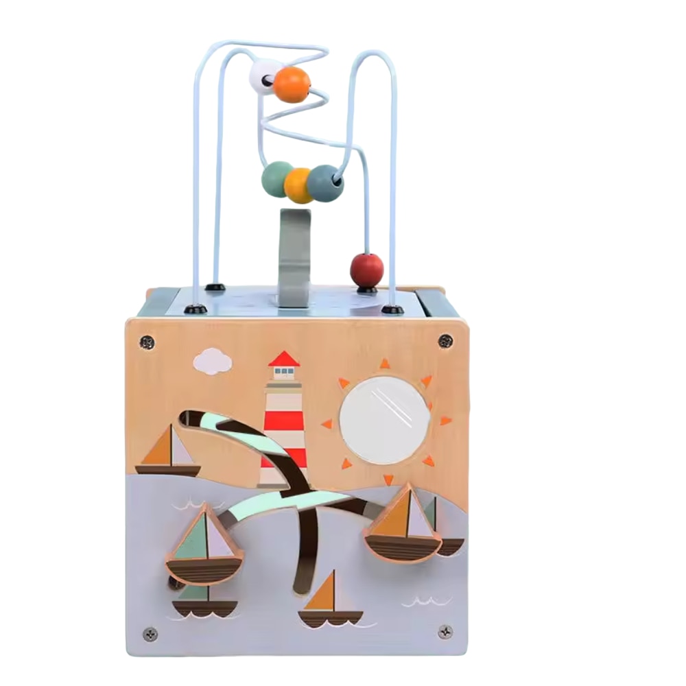 Centru de activitati Montessori, cub educativ din lemn, 5 in 1, model ...