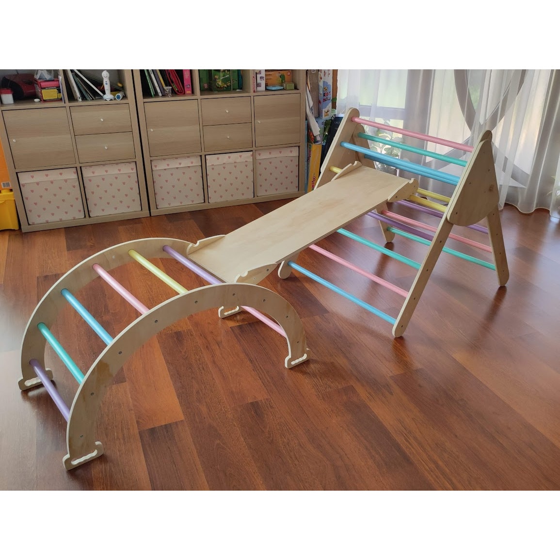 Set mare Montessori de catarat, colorat, cu tobogan, triunghi Pikler ...