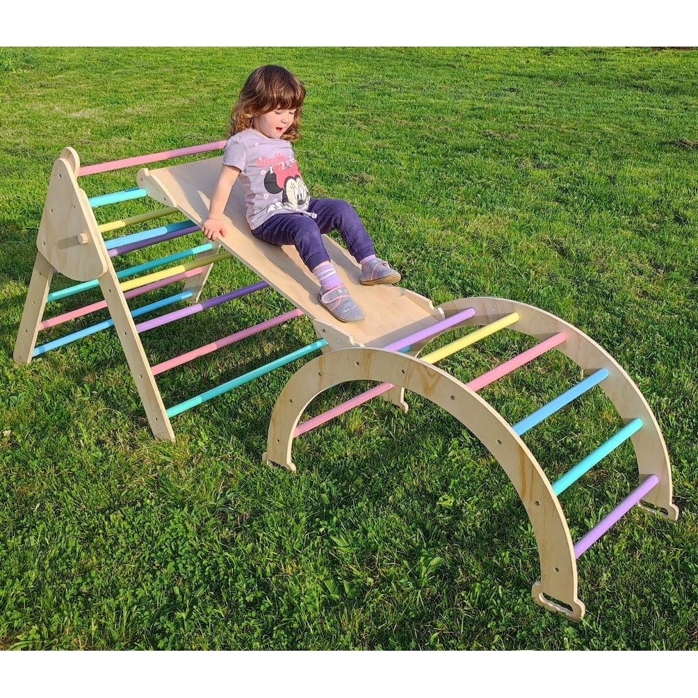 Set mare Montessori de catarat, colorat, cu tobogan, triunghi Pikler ...