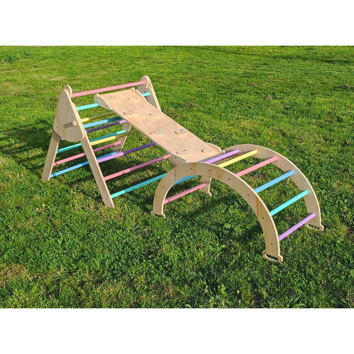 Set mare Montessori de catarat, colorat, cu tobogan, triunghi Pikler ...