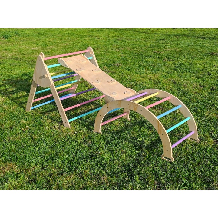 Set mare Montessori de catarat, colorat, cu tobogan, triunghi Pikler ...