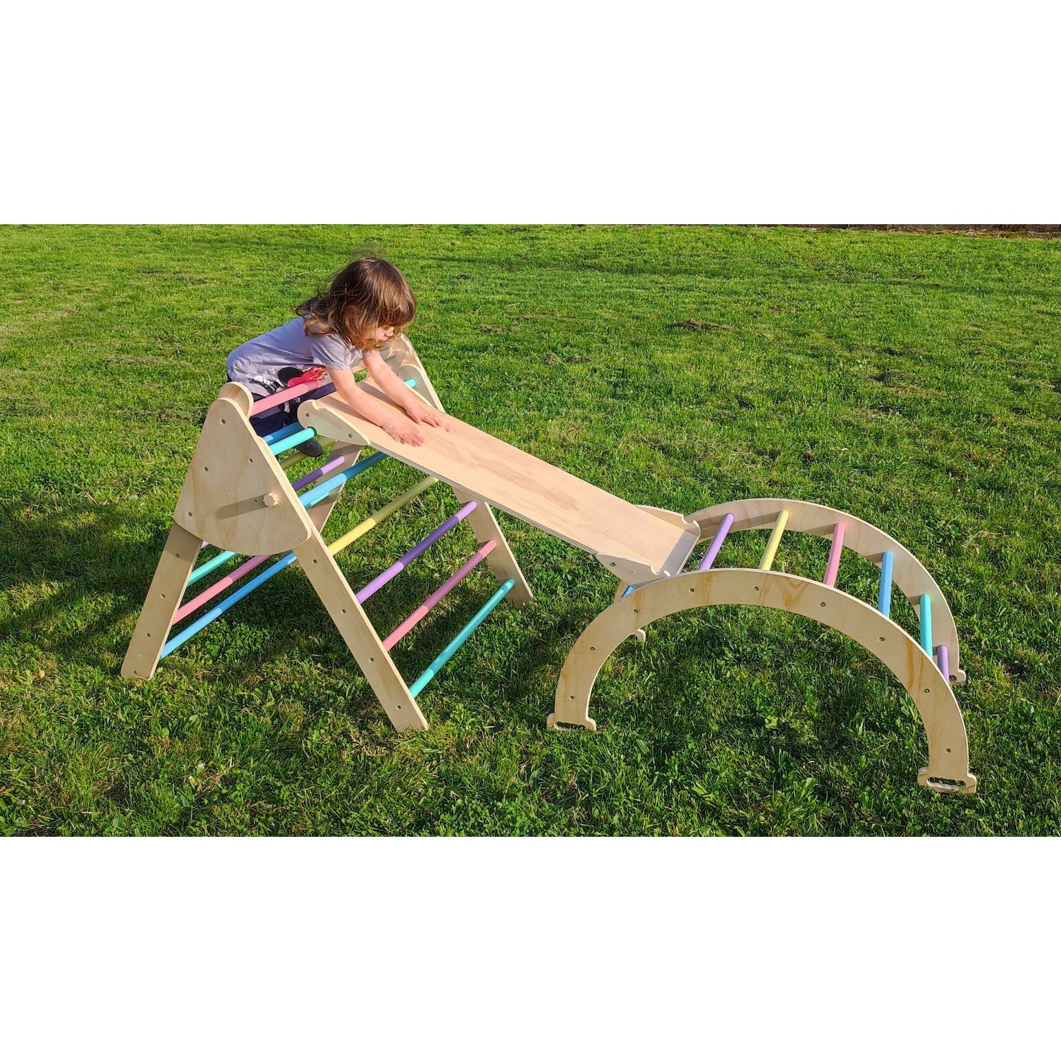 Set mare Montessori de catarat, colorat, cu tobogan, triunghi Pikler ...