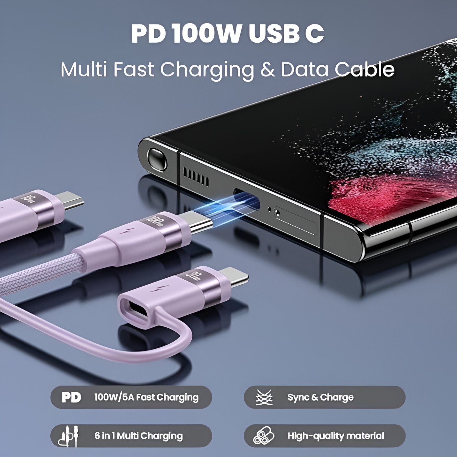 Cablu de incarcare si transfer date 6in1, conectori USB A/USB Type-C la Micro-USB, USB Type-C si ...
