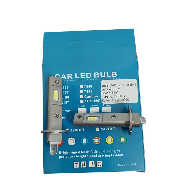 Set 2 becuri LED H1, 120W, 12V, lumina alb-rece, 6000k, 15000 lumeni ...