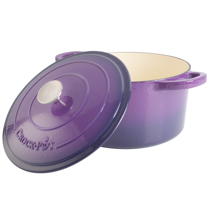 Vas cuptor cu capac, Crock-Pot, fonta emailata, rotund, lavanda, 6.6L ...