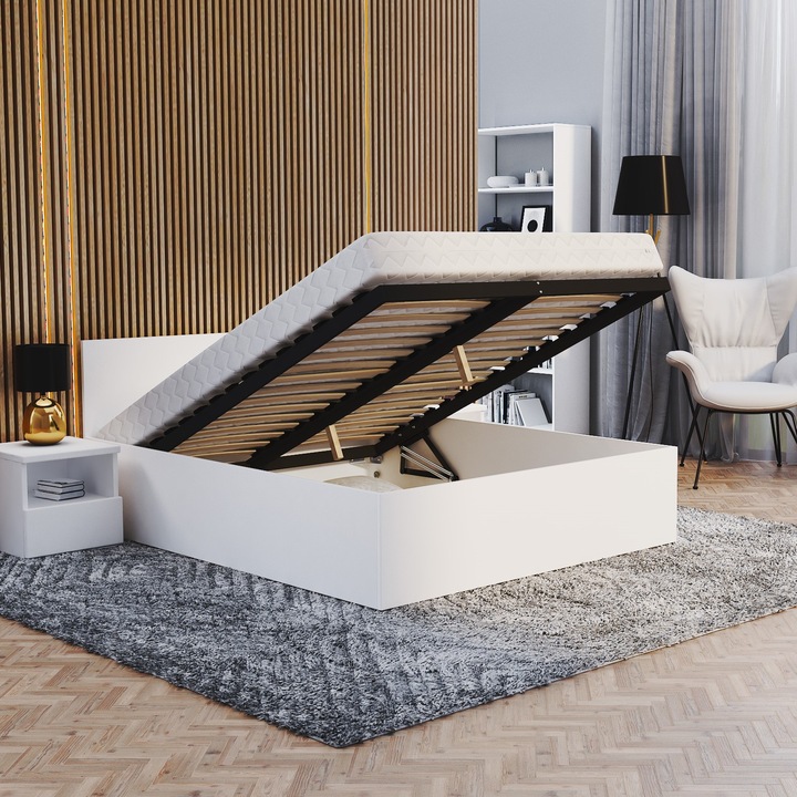 Pat cu somiera rabatabila, Eurotel, PANAMA P, 160x200 cm, Alb, cu lada ...