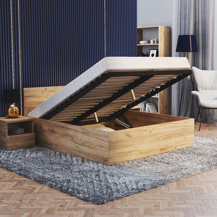 Pat cu somiera rabatabila, Eurotel, PANAMA P, 140x200 cm, Stejar craft ...