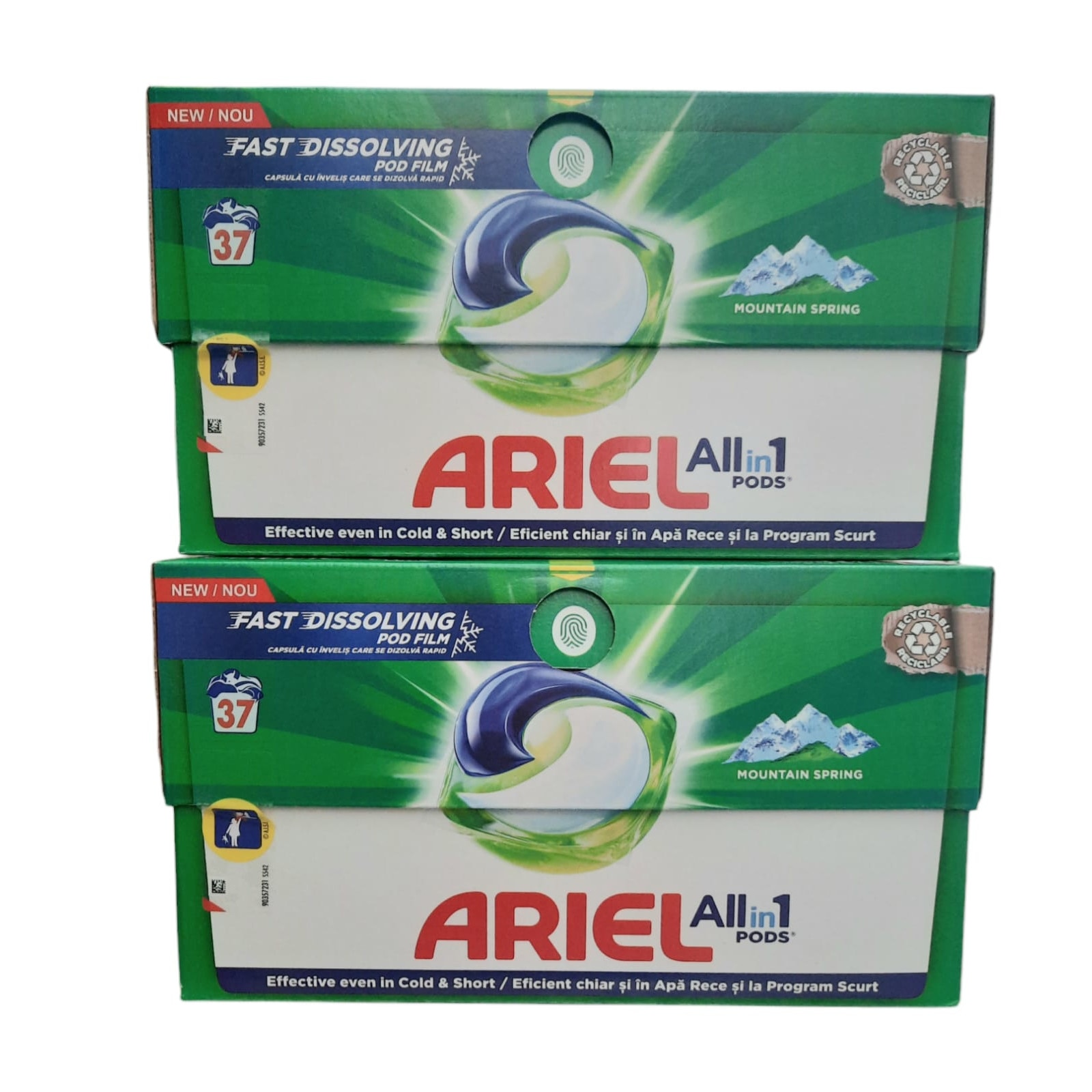 Detergent de rufe Ariel capsule, All in 1 Pods Mountain Spring, 74 bucati - eMAG.ro