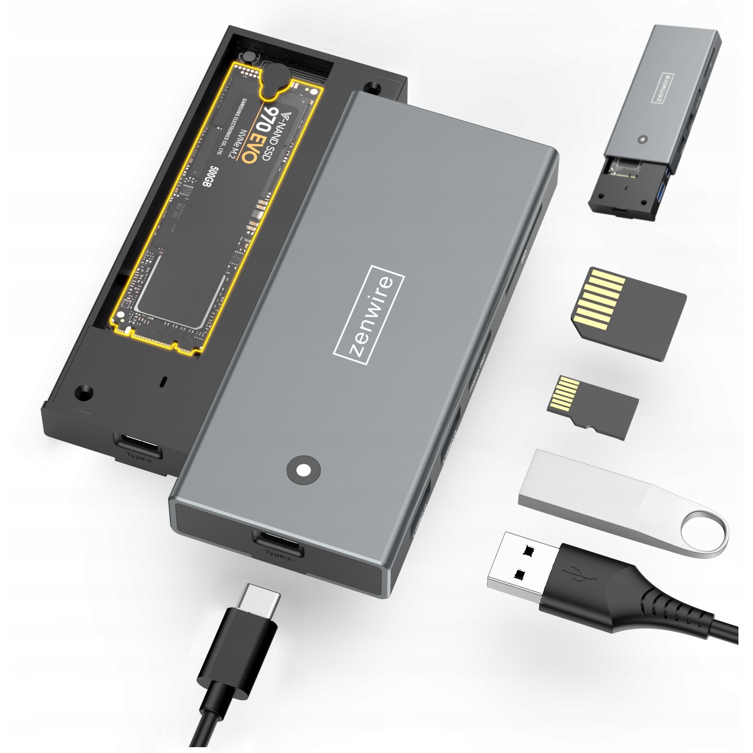 HUB Rack Extern Zenwire® MC401 6-in-1, Enclosure SSD M.2 NVMe/SATA 10GB ...