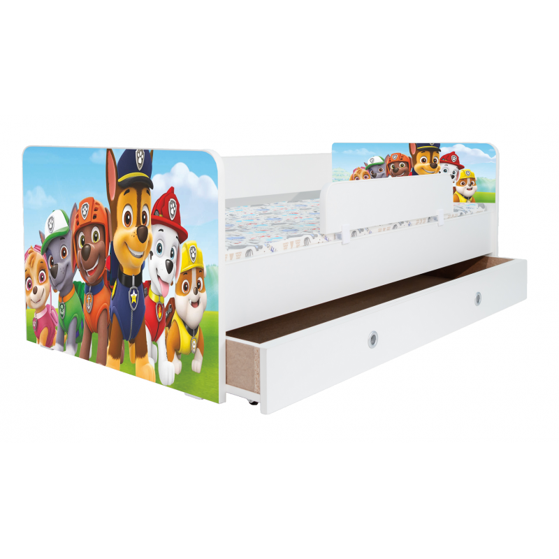 Pat pentru copii Kiddy Patrula Catelusilor, 130x60 cm, cu sertar, alb ...