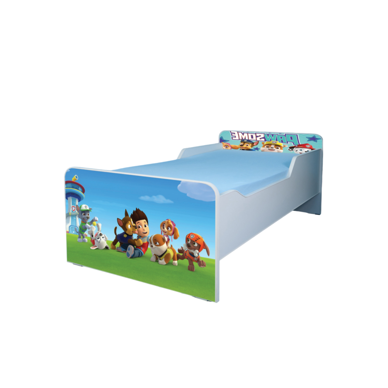 Pat pentru copii Patrula Catelusilor, 130x60 cm, alb/multicolor, saltea ...