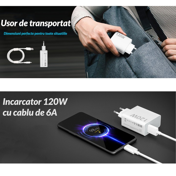 Incarcator retea Fast Charge 120W, 1 port USB 5V 9V 3A, 20V 6A, Cablu ...